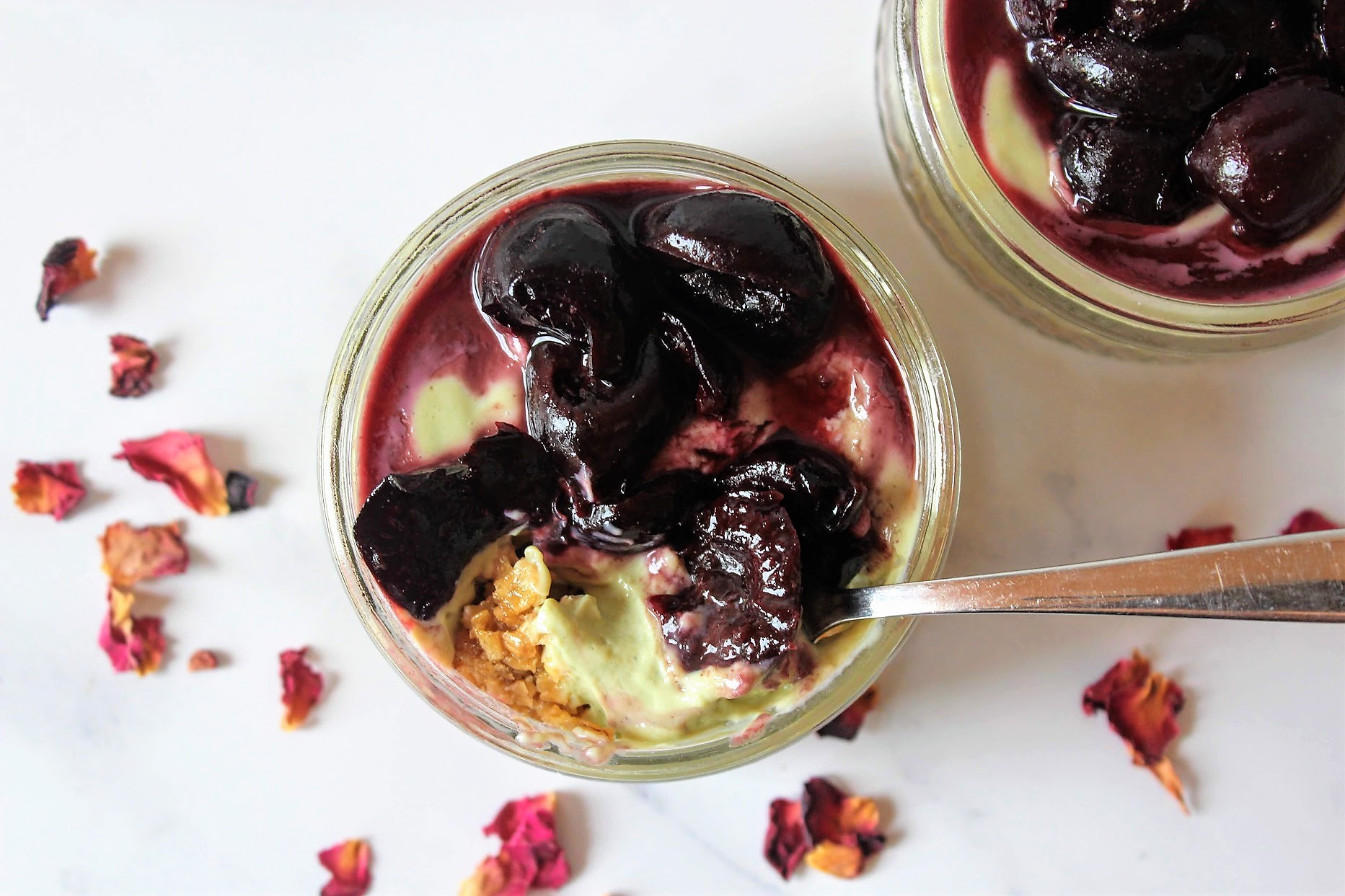 Matcha Cherry Cheesecake Pots – Indulging Innocently Recipes by @SpamellaB