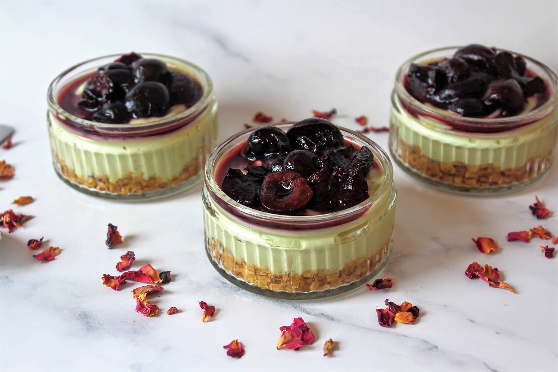 Matcha Cherry Cheesecake Pots – Indulging Innocently Recipes by @SpamellaB